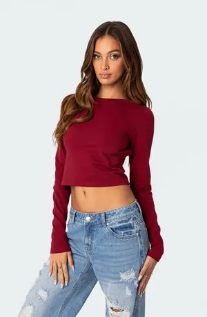 EDIKTED Haven Open Back Crop Top - Burgundy