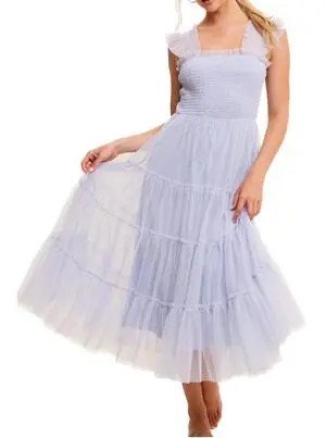 Listicle Smocked Ruffle Midi Dress In Periwinkle - Purple