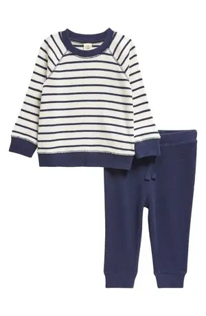 TUCKER + TATE Long Sleeve Waffle Knit Cotton Top & Joggers Set - Navy Peacoat Stripe- Navy