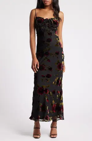 RARE LONDON Devore Floral Tie Front Chiffon Maxi Dress