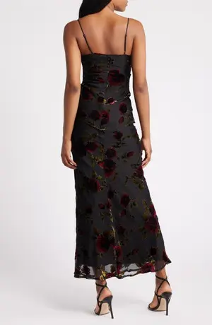 RARE LONDON Devore Floral Tie Front Chiffon Maxi Dress