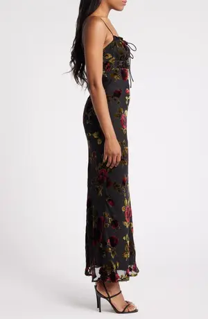 RARE LONDON Devore Floral Tie Front Chiffon Maxi Dress