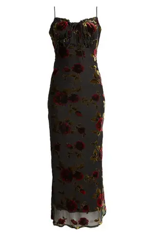 RARE LONDON Devore Floral Tie Front Chiffon Maxi Dress