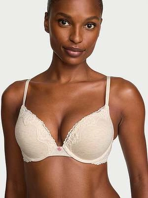 Victoria's Secret The T-shirt Bombshell Add-2-cups Cotton Lace-trim Push-up Bra - Beige