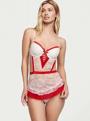 Victoria's Secret Wicked Unlined Rose Lace Apron Set Red