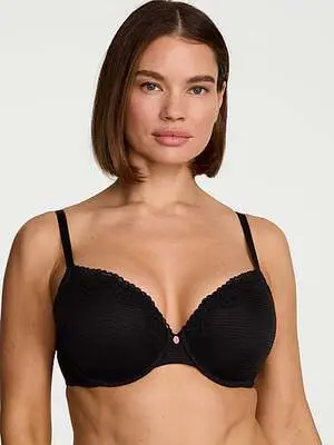 Victoria's Secret The T-shirt Perfect Shape Cotton Shadow Stripe Lace-trim Push-up Bra Black