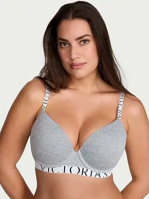 Victoria's Secret The T-shirt Perfect Shape Cotton Shadow Stripe Lace-trim Push-up Bra Grey
