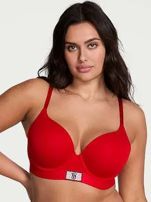 Victoria's Secret The T-shirt Perfect Shape Cotton Shadow Stripe Lace-trim Push-up Bra Red