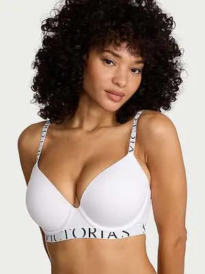 Victoria's Secret The T-shirt Perfect Shape Cotton Shadow Stripe Lace-trim Push-up Bra White,ivory