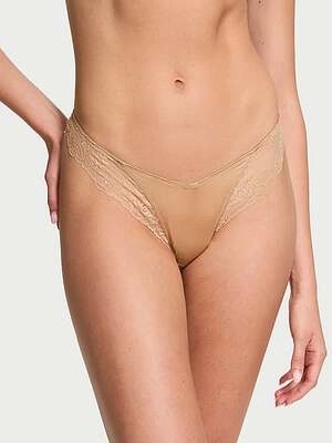 Victoria's Secret Very Sexy Rose Lace Denim Patch Thong Panty - Beige