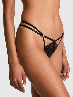 Victoria's Secret Very Sexy Rose Lace Denim Patch Thong Panty - Black