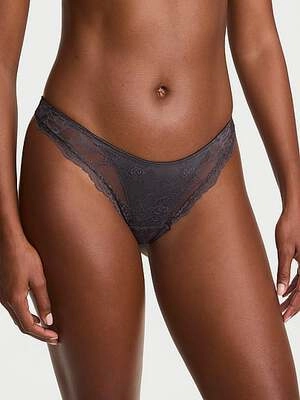 Victoria's Secret Very Sexy Lace Strappy Hardware Peekaboo Thong Panty - Grey