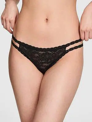 Pink Lace Strappy Thong Panty - Black