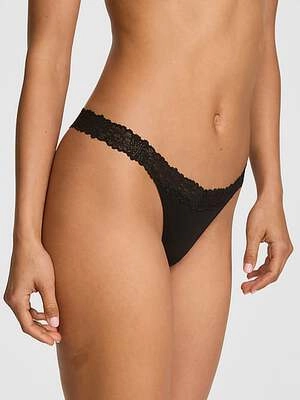 Pink Cotton Lace-trim Thong Panty - Black