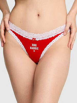 Pink Cotton Lace-trim Thong Panty - Red