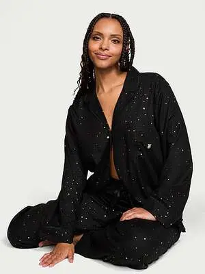 Victoria's Secret Cotton Flannel Long Pajama Set Black