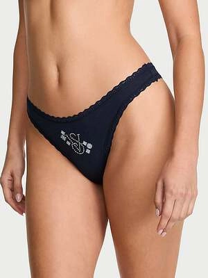 Victoria's Secret Lace Trim Cotton Lace-waist Thong Panty - Blue