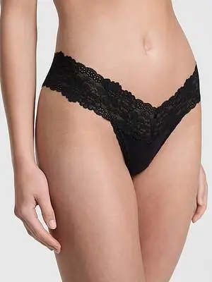 Pink Cotton Lace Trim Thong Panty Black