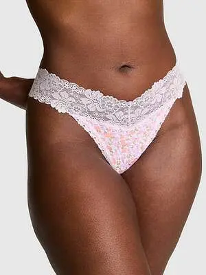 Pink Cotton Lace Trim Thong Panty Floral