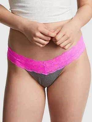 Pink Cotton Lace Trim Thong Panty Grey