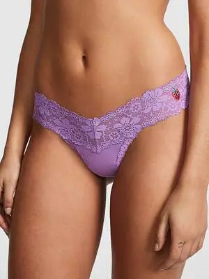 Pink Cotton Lace Trim Thong Panty Purple