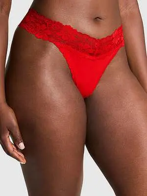 Pink Cotton Lace Trim Thong Panty Red