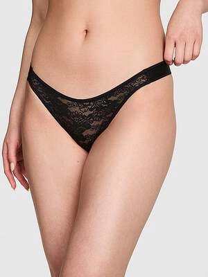 Pink Logo Cotton High-leg Thong Panty - Black