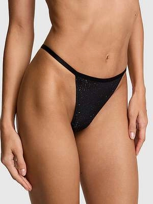 Pink Logo Cotton High-leg Thong Panty - Black