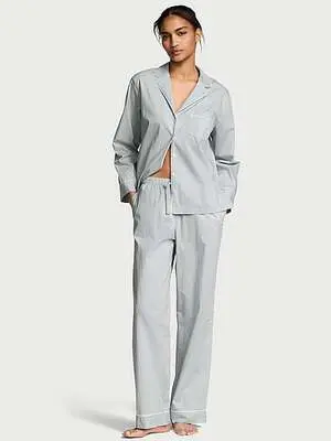 Victoria's Secret Heritage Cotton Shadow Stripe Long Pajama Set Grey