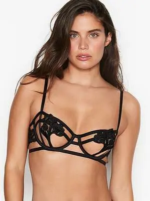 Victoria's Secret Very Sexy Strappy Embroidered Open Cup Balconette Bra Black