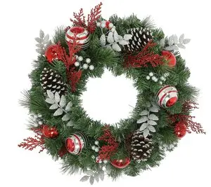 PULEO INTERNATIONAL Puleo 24 Decorated Artificial Wreath With Redreen & Silver - One-color