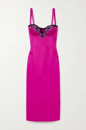 MISS SOHEE The Vanguard Iris Faux Fur-trimmed Embellished Satin Midi Dress - Pink