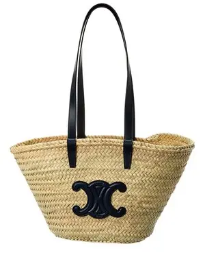 Celine Celine Triomphe Medium Raffia & Leather Basket Tote - Blue