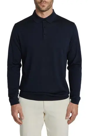 JACK VICTOR Long Sleeve Wool Blend Polo Sweater - Navy