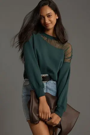 Maeve Sheer-Shoulder Pullover Knit Top Green