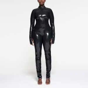 Skims Stretch Vinyl Zip Front Catsuit - Onyx | Editorialist