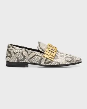 Moschino Moschino Maxi Lettering Snake-Print Leather Loafers - Stone