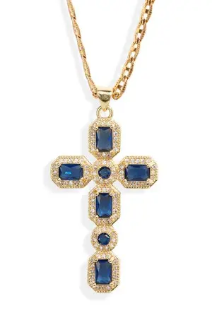 VIDAKUSH Ornate Cubic Zirconia Cross Pendant Necklace - Sapphire