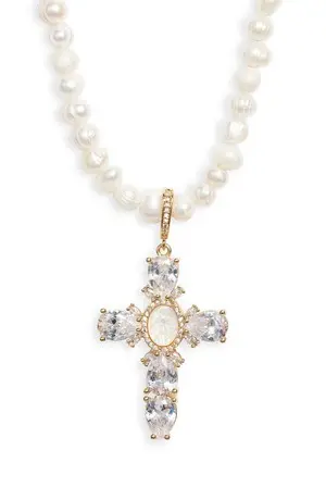 VIDAKUSH Virgin Mary Cross Pearl Necklace - Gold