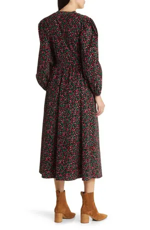 Nobody'S Child Starlight Floral Long Sleeve Organic Cotton Baby Cord Midi  Dress In Black/ Red Multi - 61% Off | Editorialist