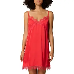 Simone Perele Lace Trim Satin Chemise - Flamingo
