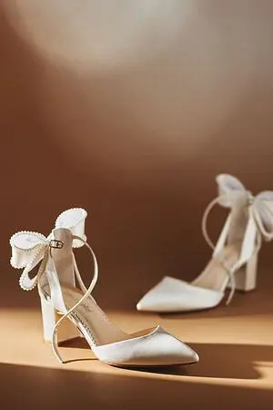 BELLA BELLE Molly Pearl Bow Block Heels - White