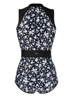 DUSKII Floral-print Zip-up Surf Suit - Black