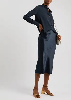 Vince Hammered Satin Midi Skirt - Navy
