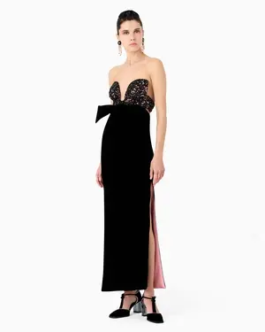 Giorgio Armani Long Velvet Bustier Dress With Embroidery