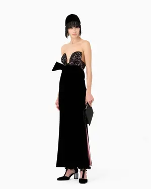 Giorgio Armani Long Velvet Bustier Dress With Embroidery