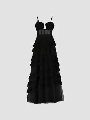 Bcbgmaxazria Corset Tulle Ruffled Gown - Black