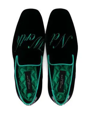 Philipp Plein Slogan-embroidered Velvet Loafers - Black