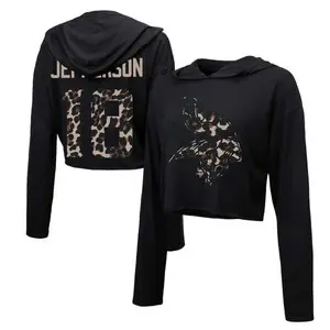 MAJESTIC THREADS Justin Jefferson Minnesota Vikings Leopard Player Name & Number Long Sleeve Cropped Hoodie - Black