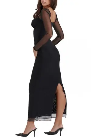 House Of Cb Katrina Lace Mesh Long Sleeve Gown - Black